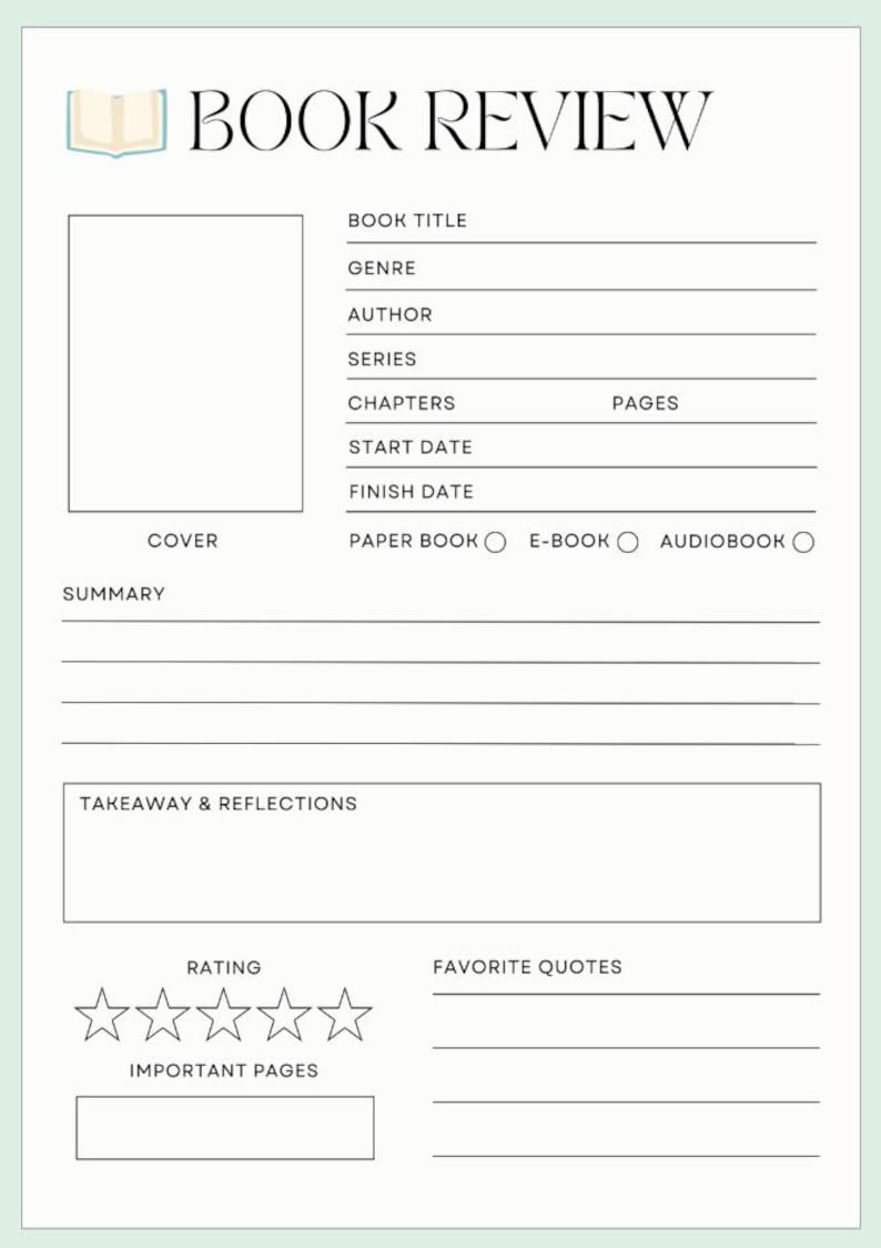 Printable Book Review Template | A4 Book Review Form for Readers - Etsy