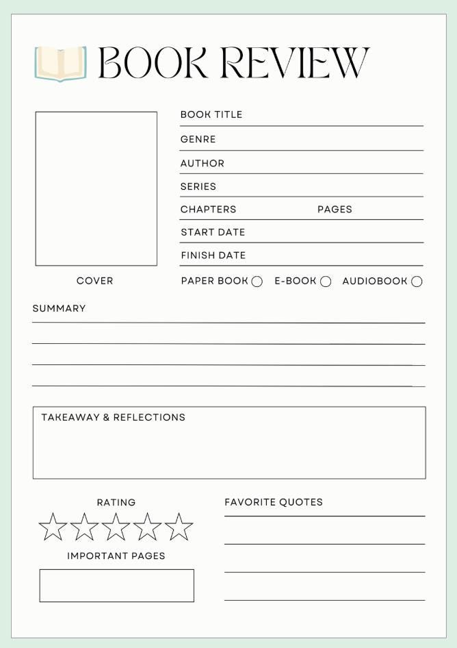 Printable Book Review Template | A4 Reading Journal Form (digital ...