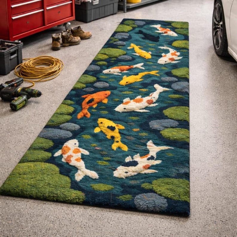 Hand-tufted Wool Koi Fish Runner Rug, Japanese Pond Custom Size Carpet ...