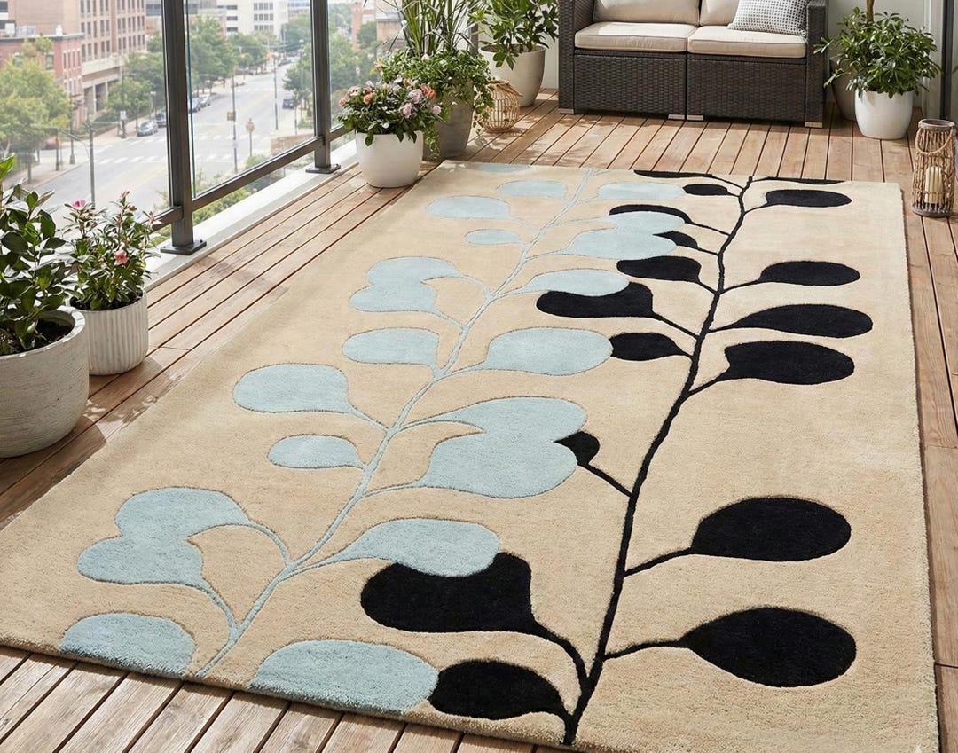 Hand Tufted Rug, Beige Blue Leaf Pattern Carpet - Etsy
