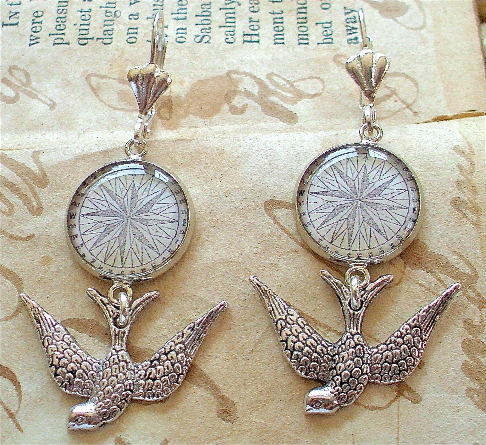 Compass Earrings - Antique Nautical Print Dangle Earrings in Bronze or ...