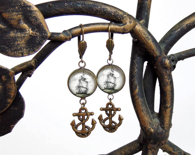 Pirate Ship Earrings With Anchor Antique Nautical Print Dangle Earrings ...