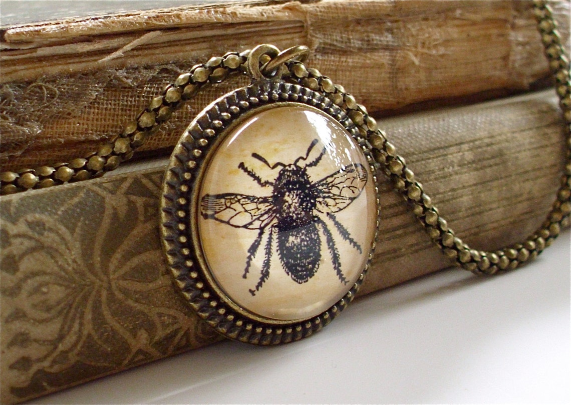 Bumble Bee Necklace - Antique Print Insect Pendant in Bronze or Silver ...