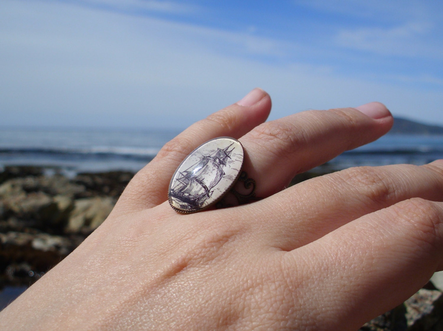 Pirate Ship Ring - The High Seas Antique Nautical Print Adjustable Ring ...