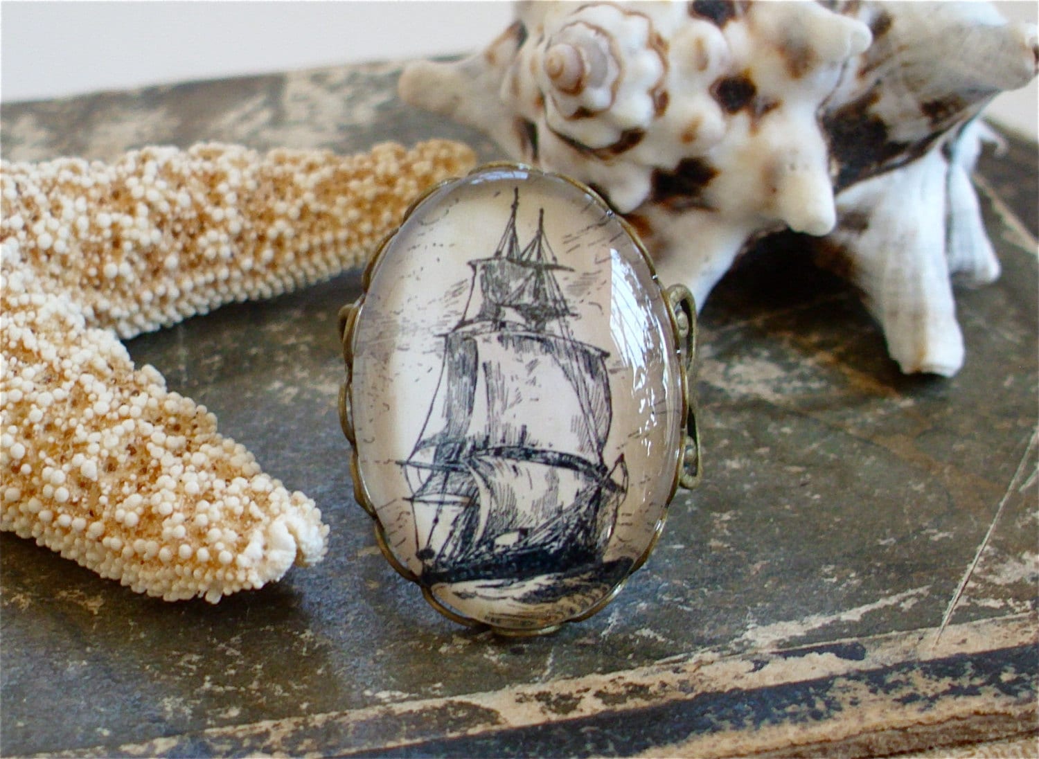 Pirate Ship Ring - The High Seas Antique Nautical Print Adjustable Ring ...