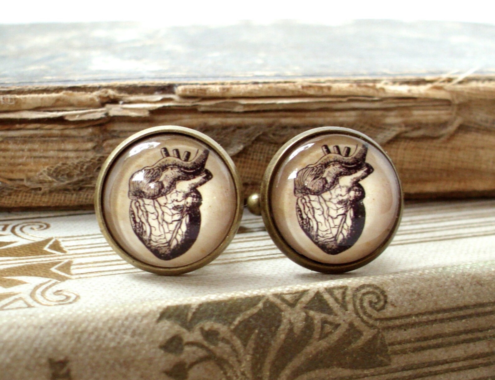 Anatomical Heart Cufflinks - Antique Anatomy Print Cuff Links in Bronze ...