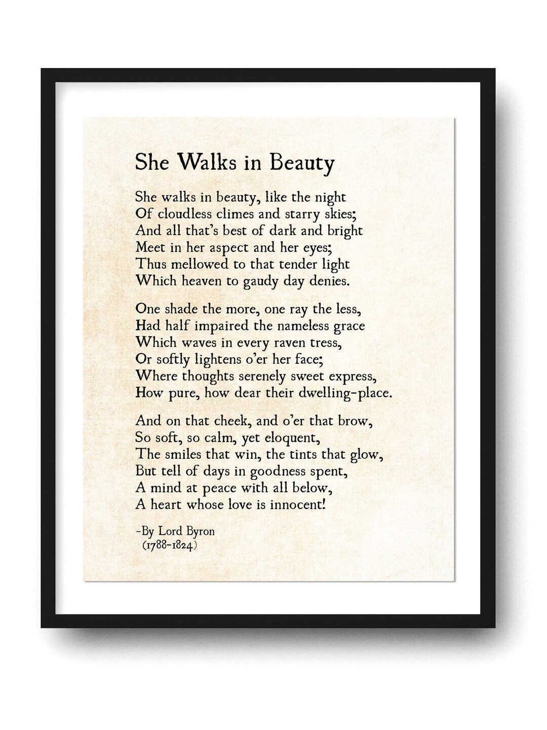 She Walks in Beauty Lord Byron Poem Love Poem Print Poetry - Etsy