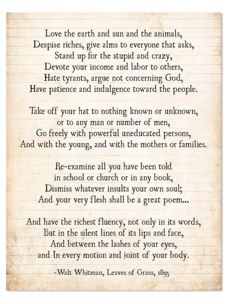 Walt Whitman Art Print, Love the Earth Poem, Whitman Quote Poem, Leaves ...
