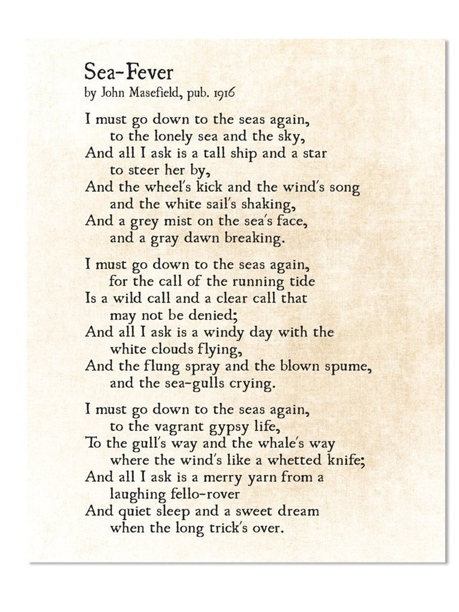 Sea Fever Poem by John Masefield I Must Go Down to the Seas - Etsy UK
