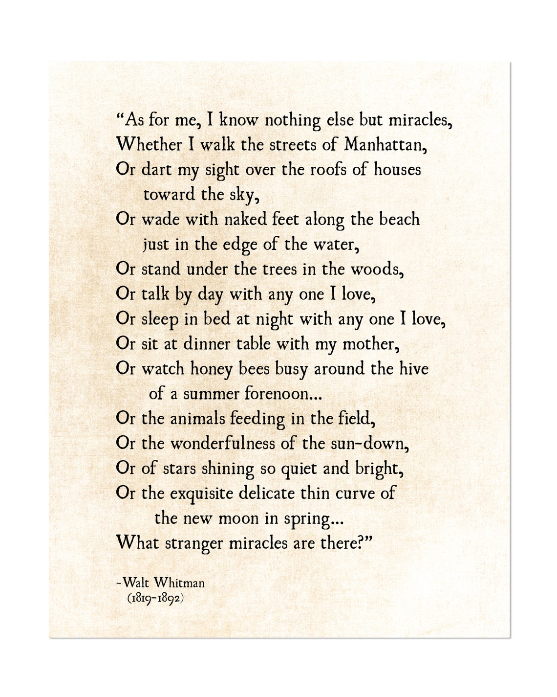 Walt Whitman Quote Art Print, Miracles Poem, Leaves of Grass, Miracles ...