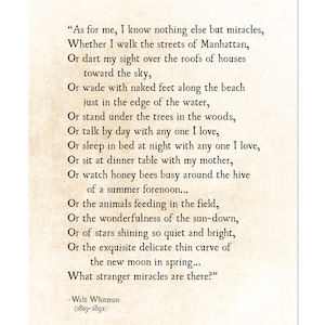 Walt Whitman Quote Art Print, Miracles Poem, Leaves of Grass, Miracles ...