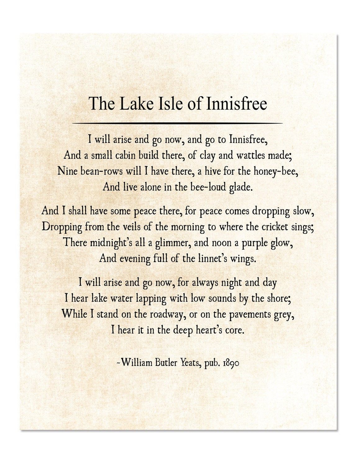 W.B. Yeats Lake Isle of Innisfree Poetry Quote Art Print, William ...