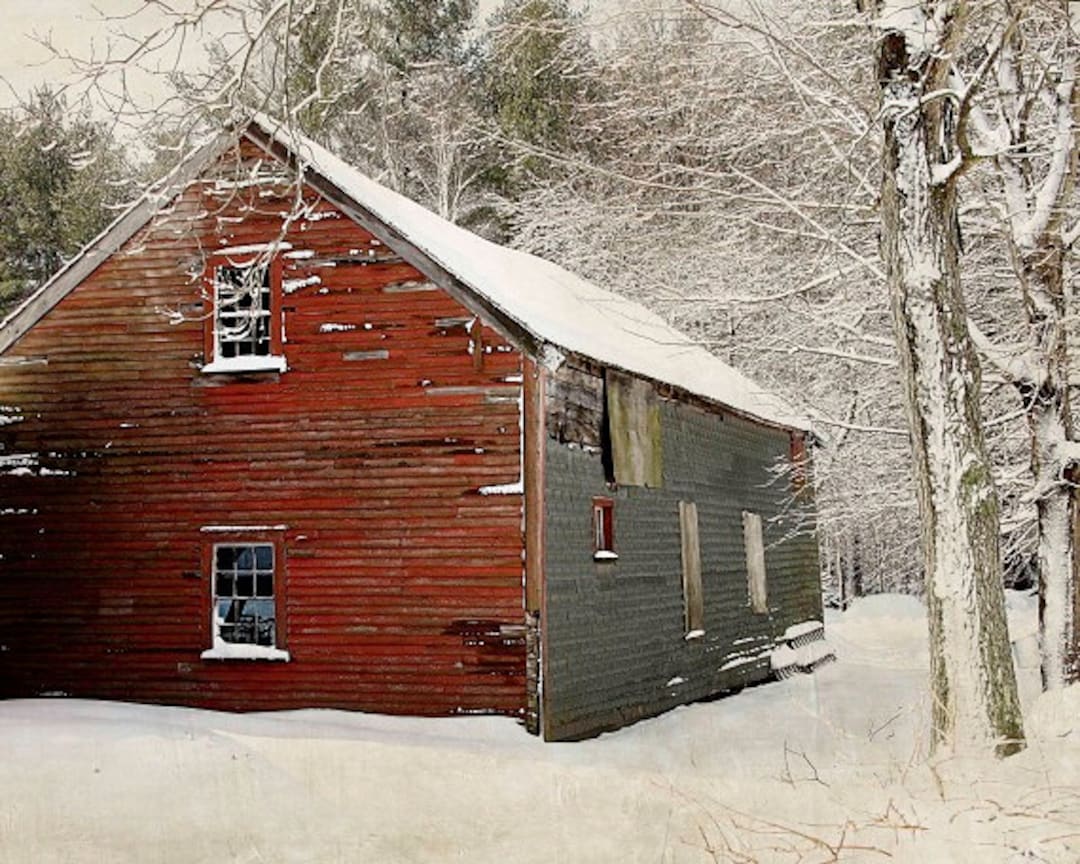 Red Rustic Barn Landscape Red White Snowy Landscape Farmhouse Chic ...