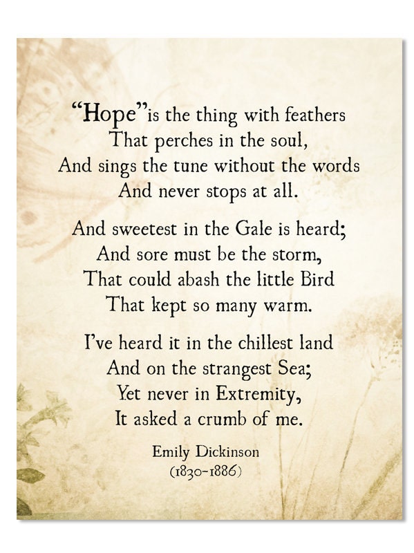 Emily Dickinson Hope is the Thing With Feathers Poem, Emily Dickinson ...