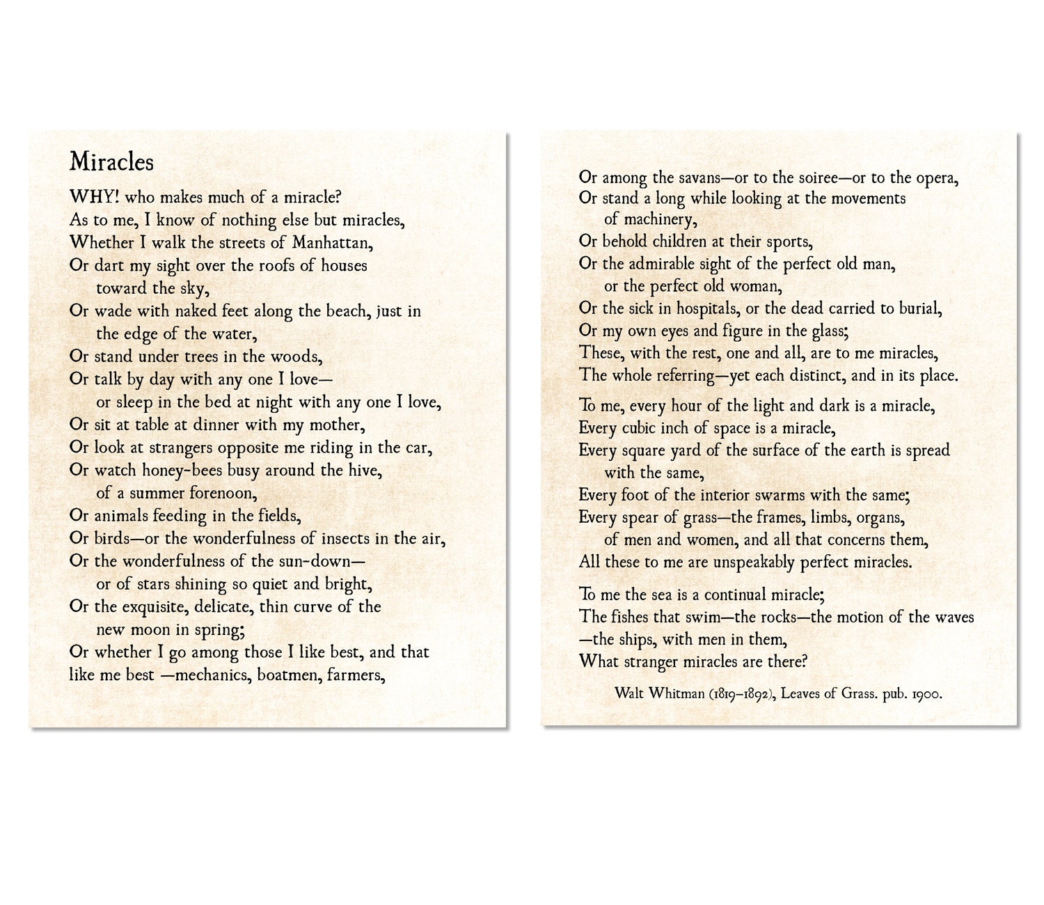 Walt Whitman Quote Art Print, Miracles Poem Leaves of Grass, Miracles ...