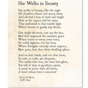 She Walks in Beauty Lord Byron Poem, Love Poem Print, Poetry Art Print ...