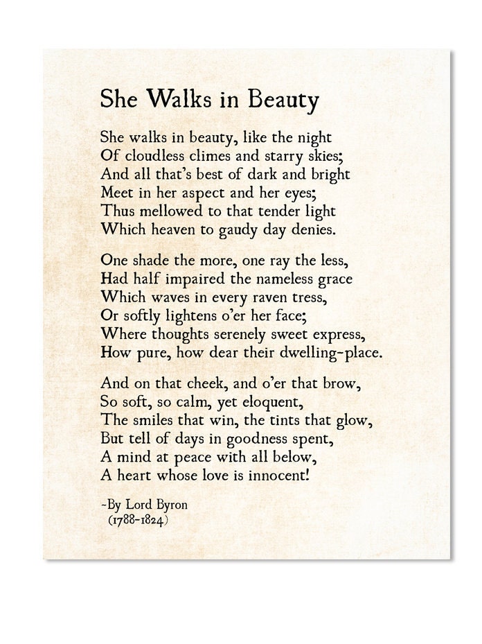 She Walks in Beauty Lord Byron Poem, Love Poem Print, Poetry Art Print ...