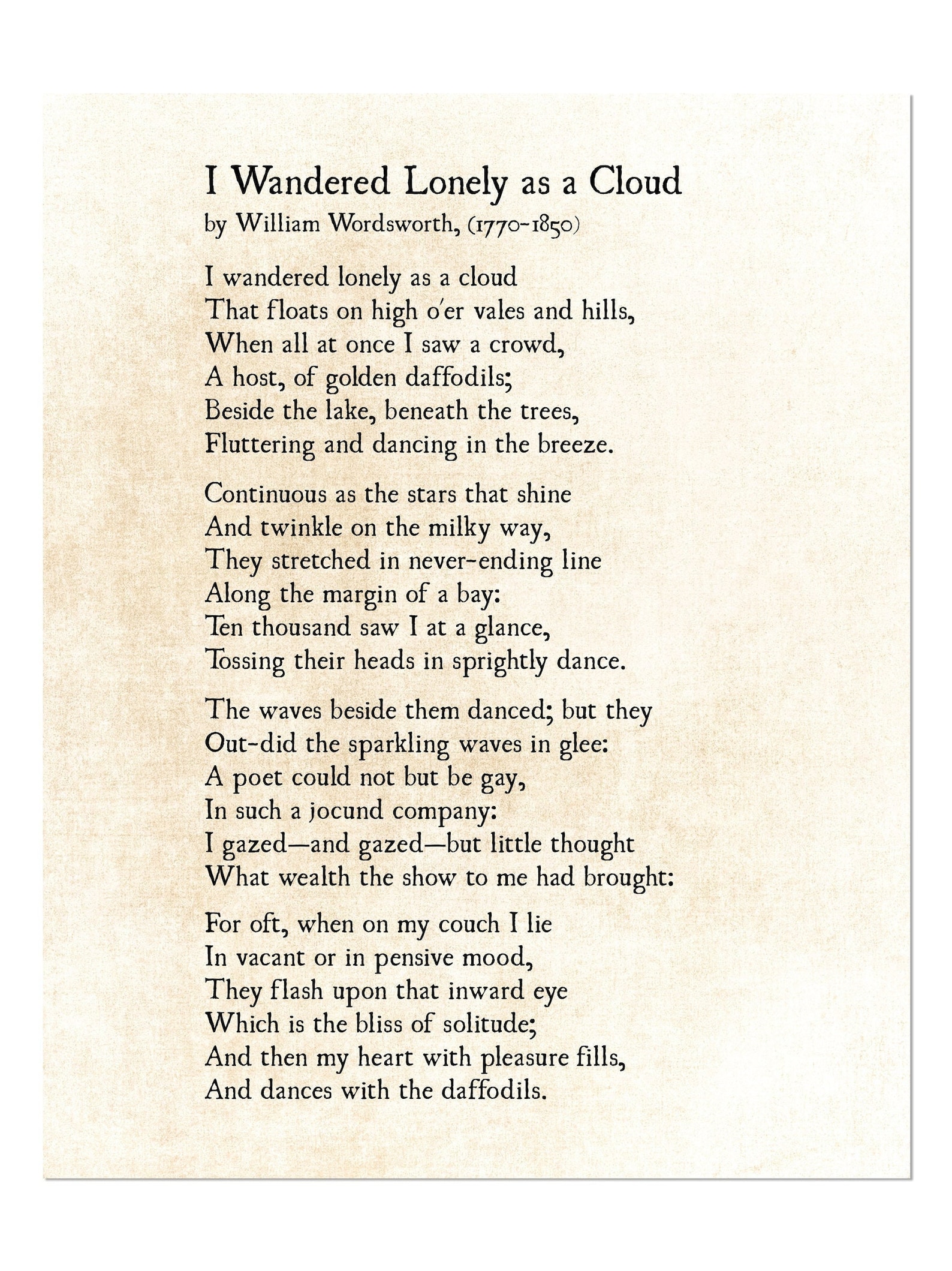 I Wandered Lonely as a Cloud, William Wordsworth Poem Poetry Art Print ...