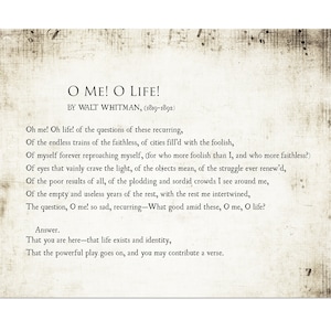 O Me! O Life! Walt Whitman, Poetry Art Print, Life Poem, Literature ...