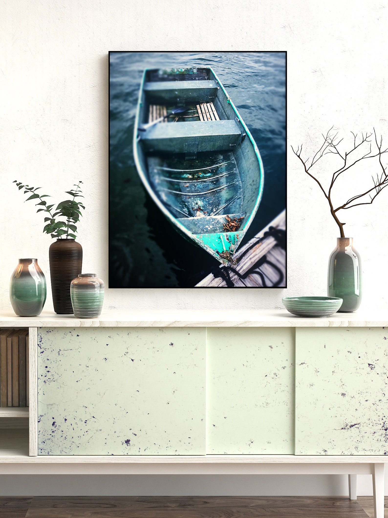 Vertical Teal Boat Photography Print, Green Blue Rowboat Dory Photo ...