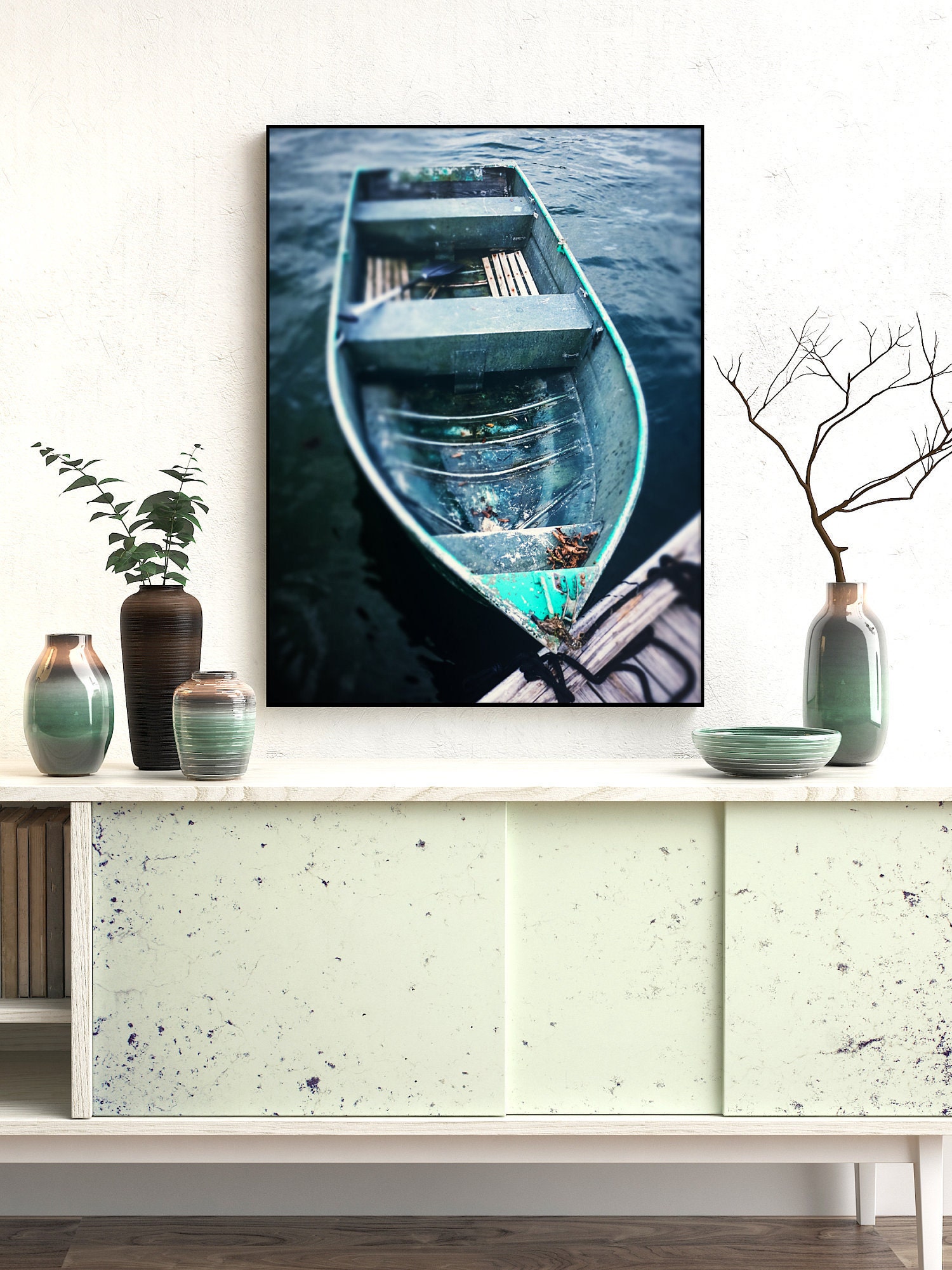 Vertical Teal Boat Photography Print, Green Blue Rowboat Dory Photo ...