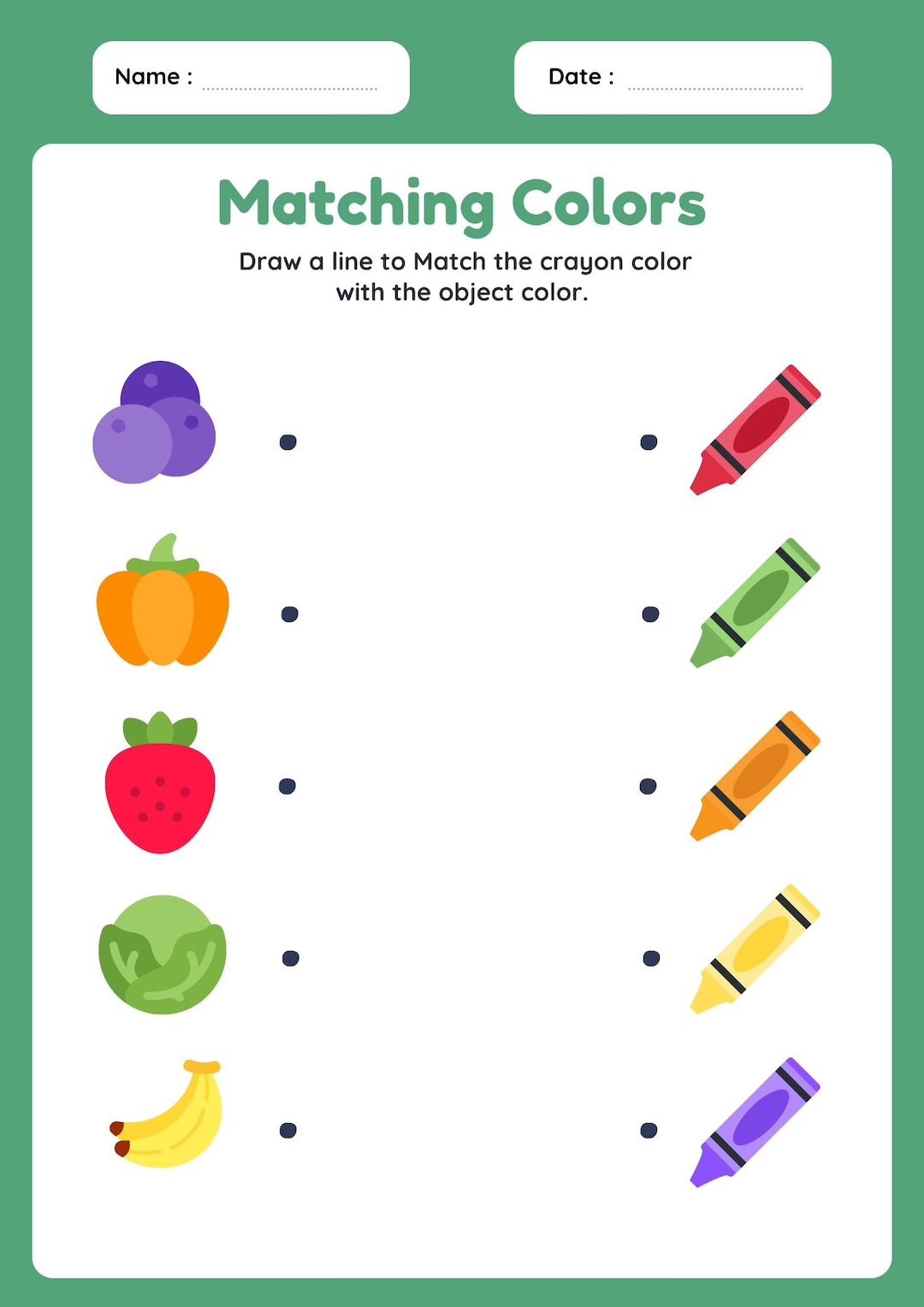 Crayon Color Matching Worksheet for Kids, Fruit and Vegetable Color ...