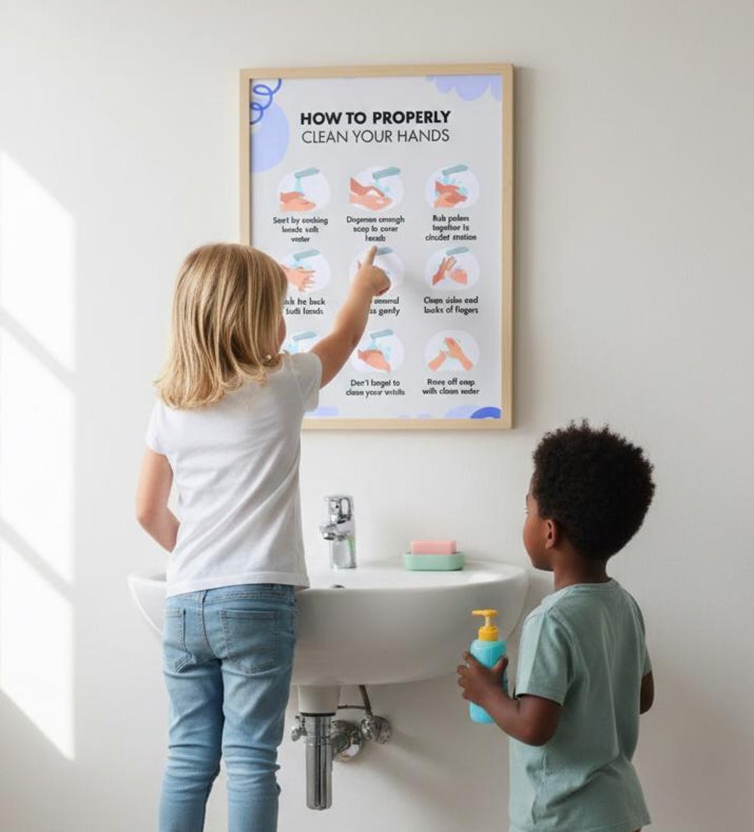 Kids Hand Washing Steps Poster, Hygiene Chart, Sky Blue Theme (digital ...