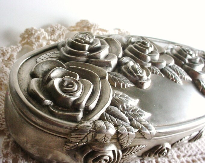 Godinger Rose Jewelry Box Silver Plated Oval Shaped Red Velvet Interior ...