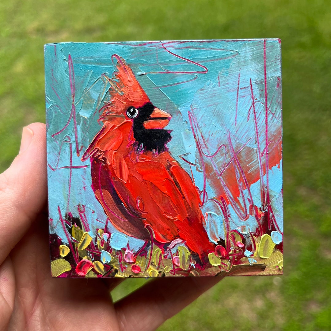 3x3 Original Cardinal Oil Painting on Birch Wood With Gold Leaf Square ...