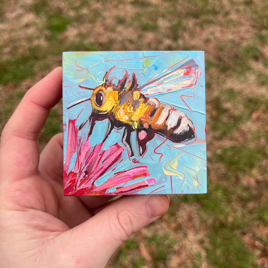 3x3 Abstract Bumble Bee Original Oil Painting on Wood Panel - North ...