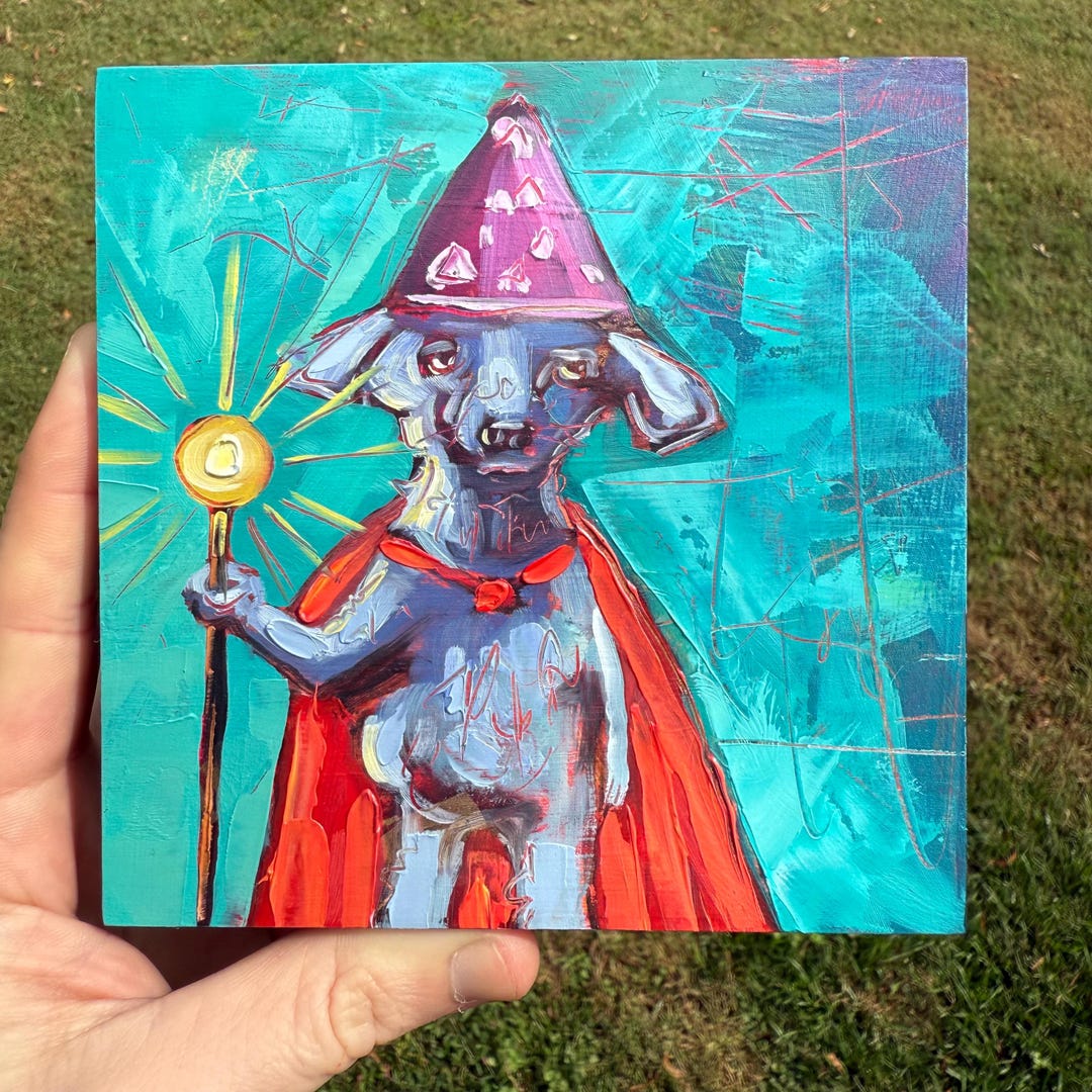 5x5 Original Oil Painting Wizard Dog Fantasy Weird Surreal Animal Art ...