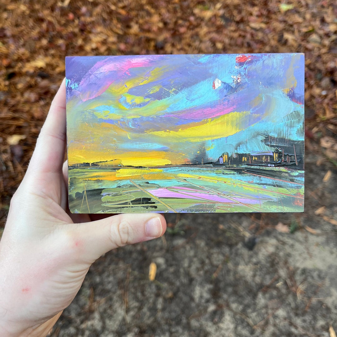 4x6 Original Oil Painting Sunset Colorful Sky Wall Art or Shelf ...