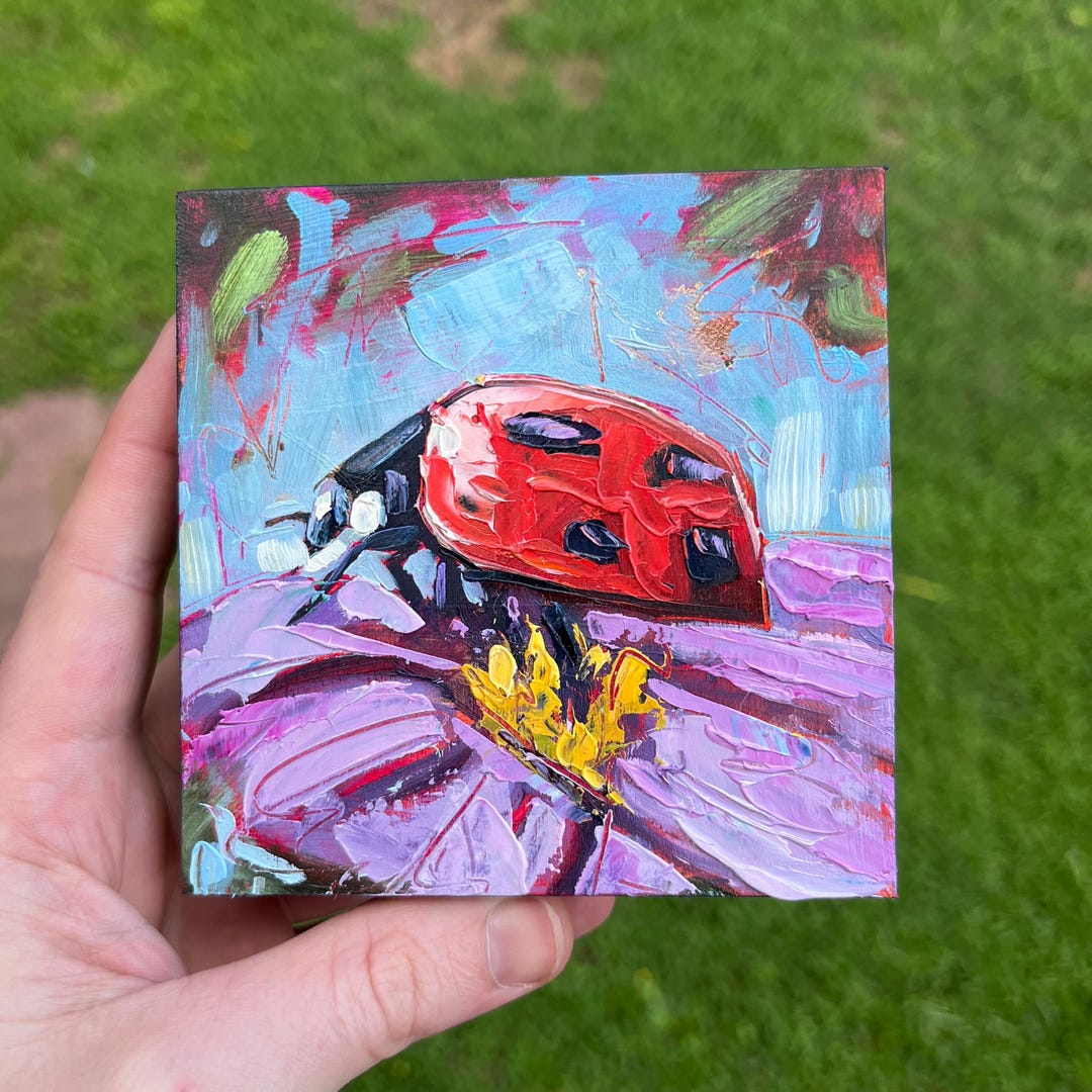 4x4 Original Colorful Oil Painting of Ladybug on Pink Flower Abstract ...