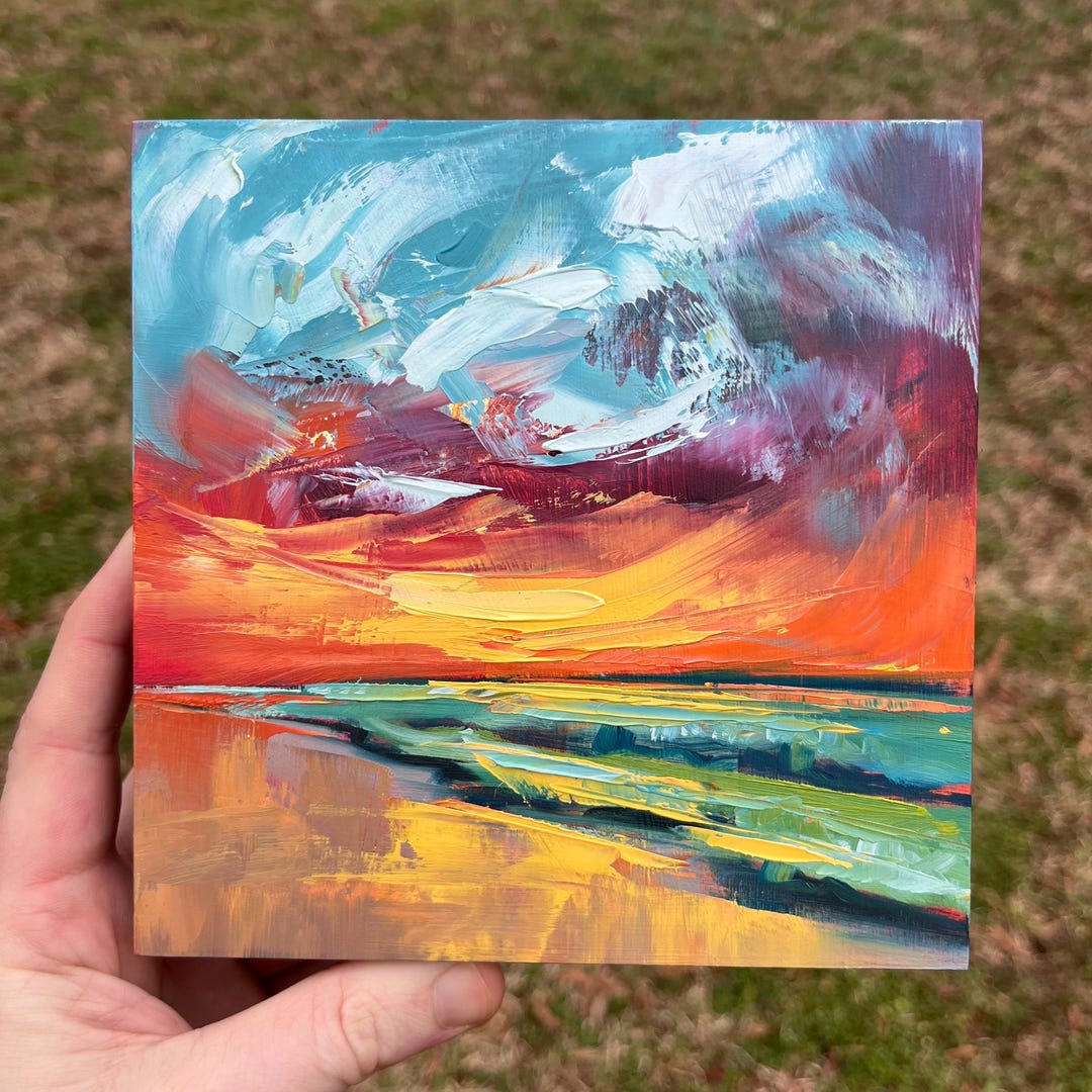 6x6 Sky Sunset Original Oil Painting on Wood Square Expressive Textured ...