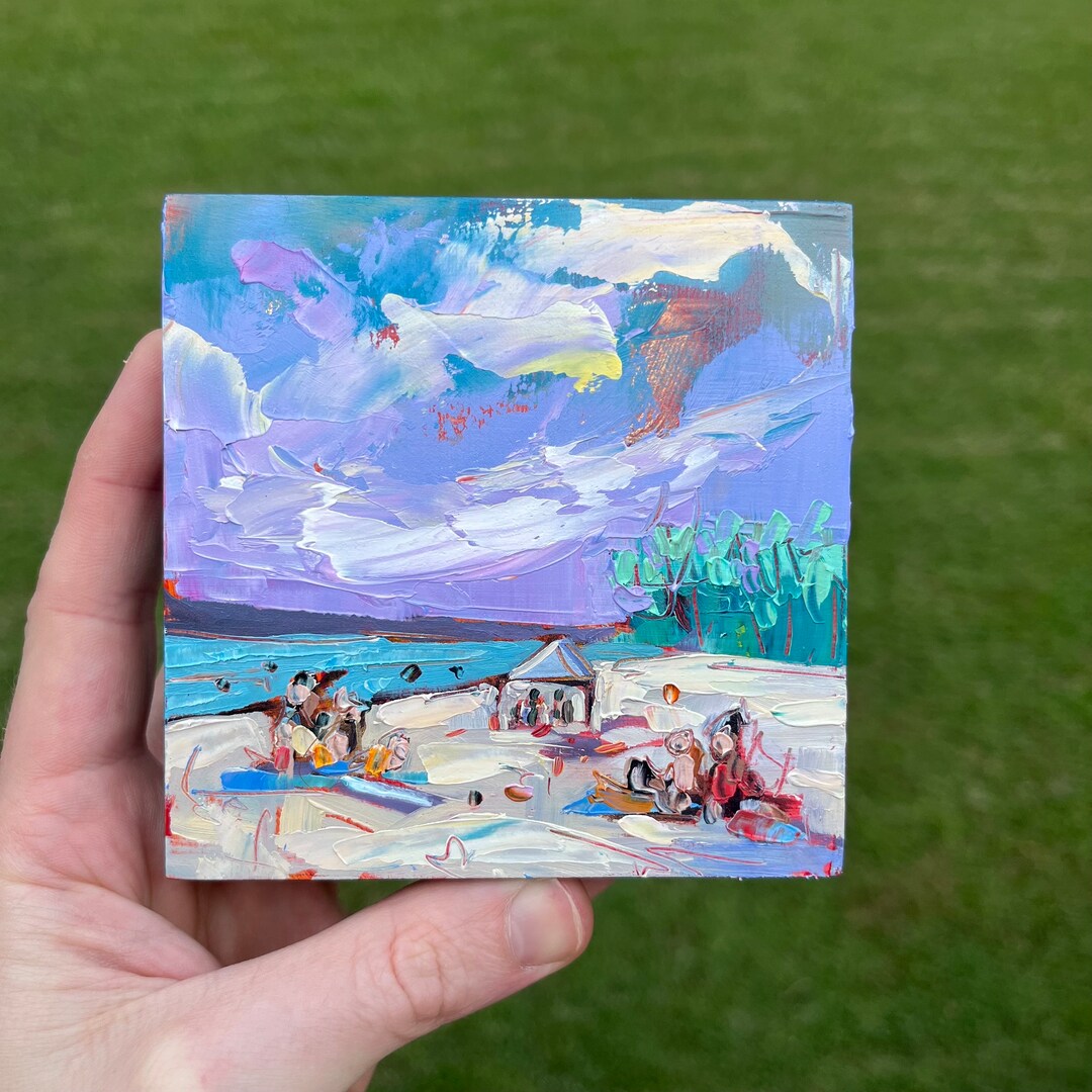 4x4 Original Oil Painting Peaceful Falls Lake Beach Raleigh North ...