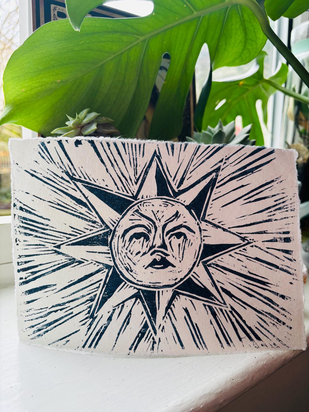 Handmade Sun Face Lino Print | Celestial Folk Art | Original Hand ...