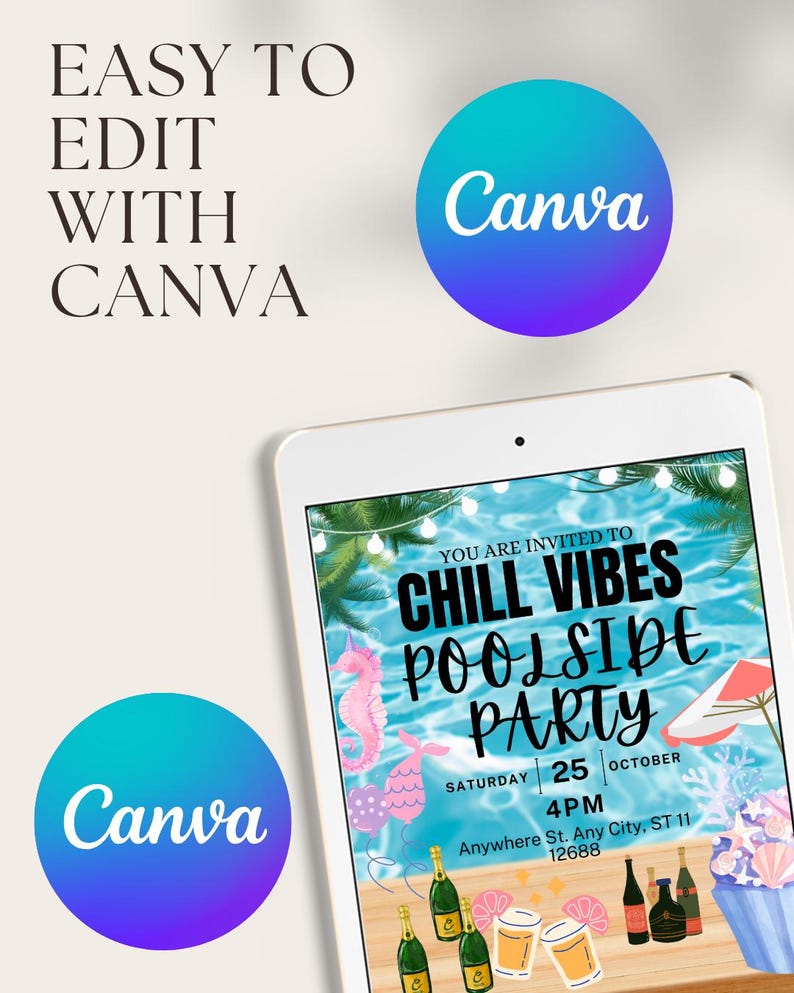 Chill Vibes Pool Party Invitation, Editable Summer Invite Swimming ...