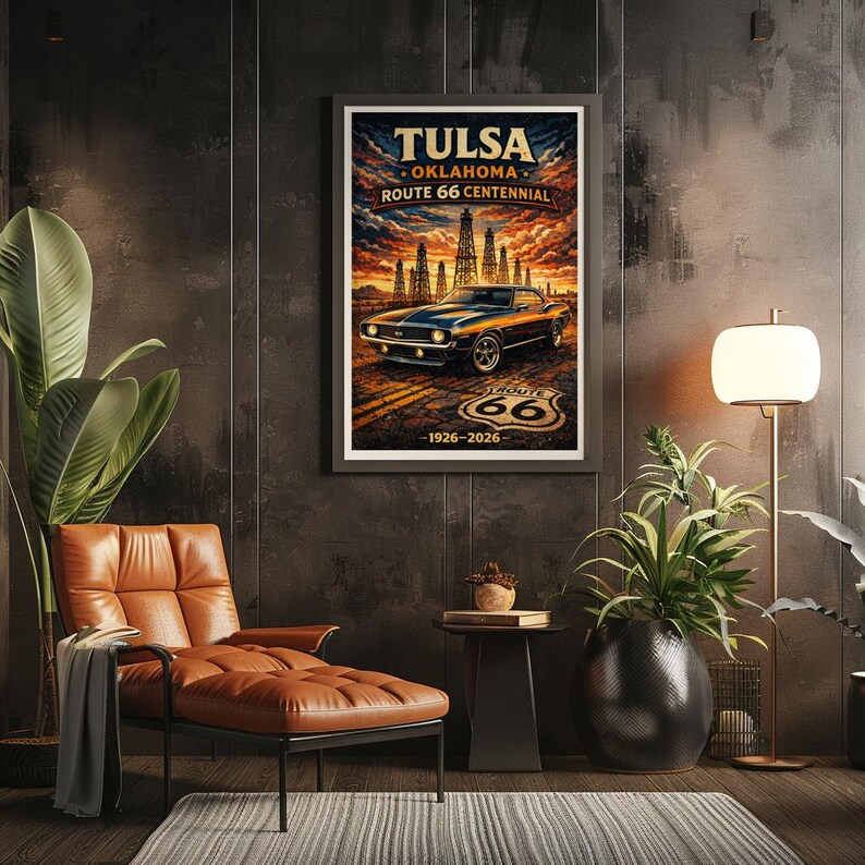 Tulsa Route 66 Centennial Poster | Vintage Muscle Car, Oil Derrick Art ...