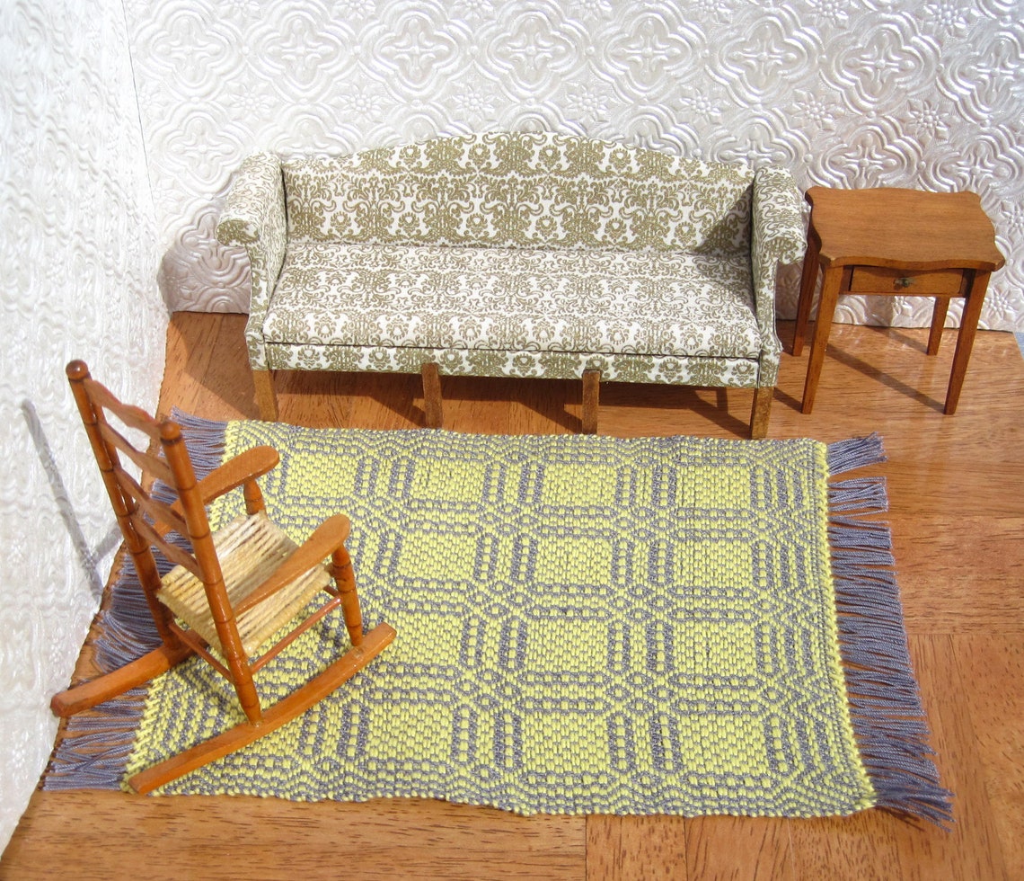 Dollhouse Rug Miniature Handwoven Area Rug Yellow and Gray | Etsy