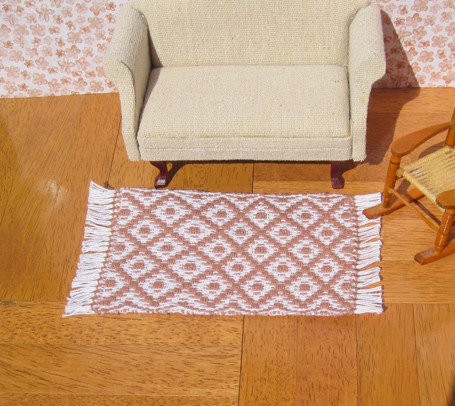 Small Dollhouse Rug in a Diamond Pattern, Tan Miniature Rug, 12th Scale ...