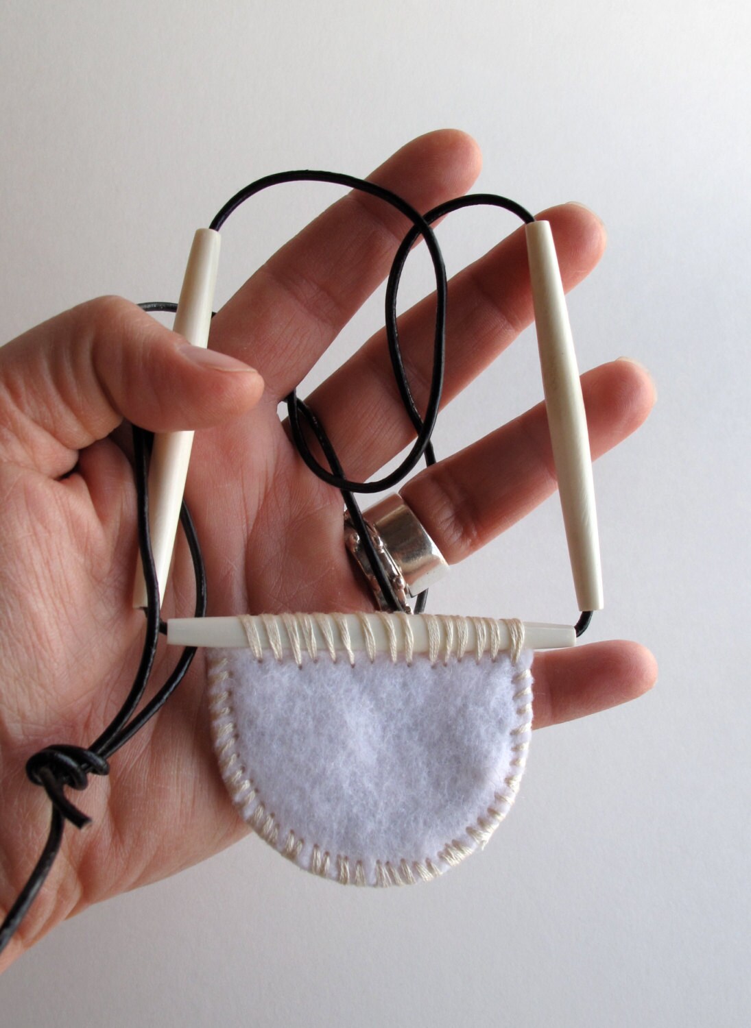 Geometric Art Deco Crescent Hand Embroidered Black and White Pendant ...