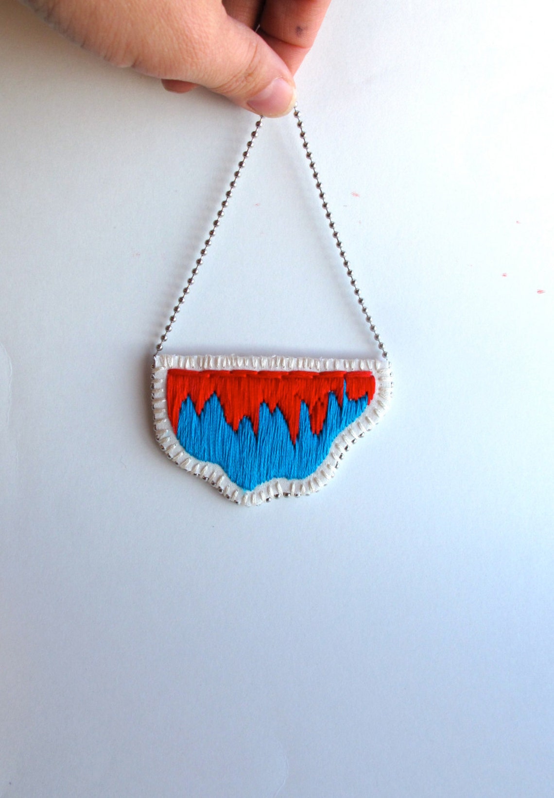 Embroidered Necklace Abstract Pendant With Bright Red and Blue - Etsy