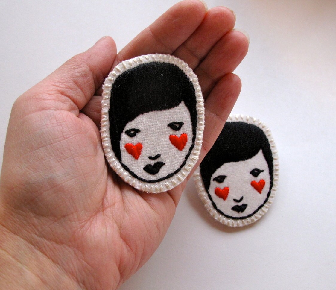 Hand Embroidered Brooch of Lady With Red Hearts Black and - Etsy