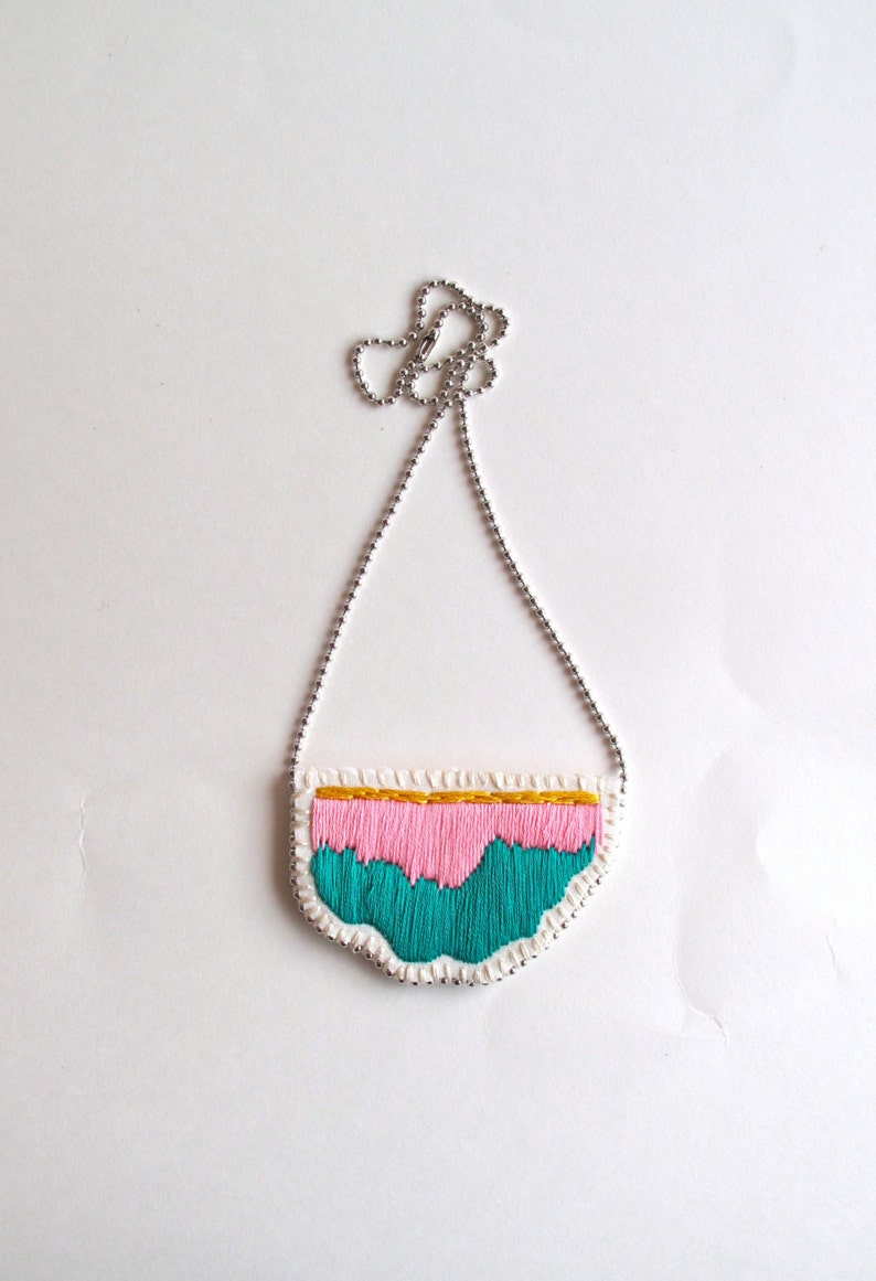 Embroidered Abstract Pendant Necklace in Colors of Bright Pink, Emerald ...