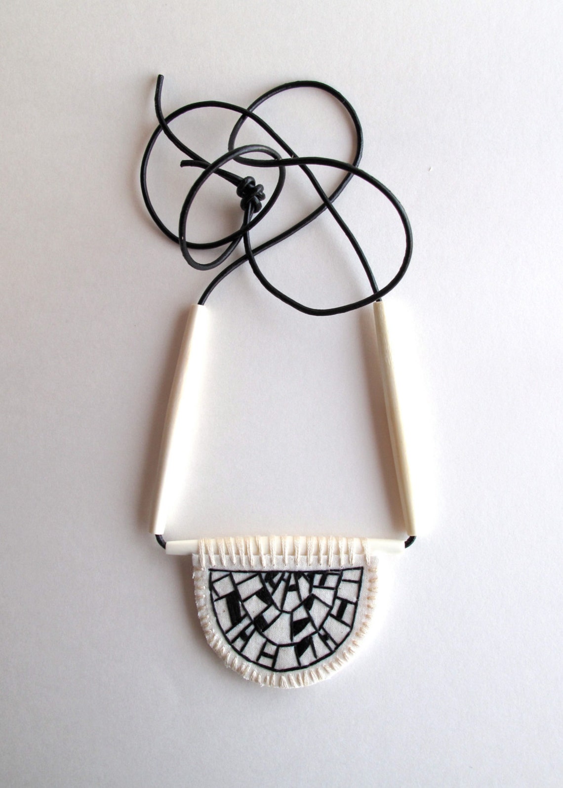 Geometric Art Deco Crescent Hand Embroidered Black and White Pendant ...