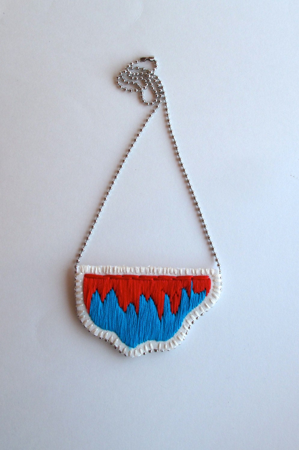 Embroidered necklace abstract pendant with bright red and blue | Etsy