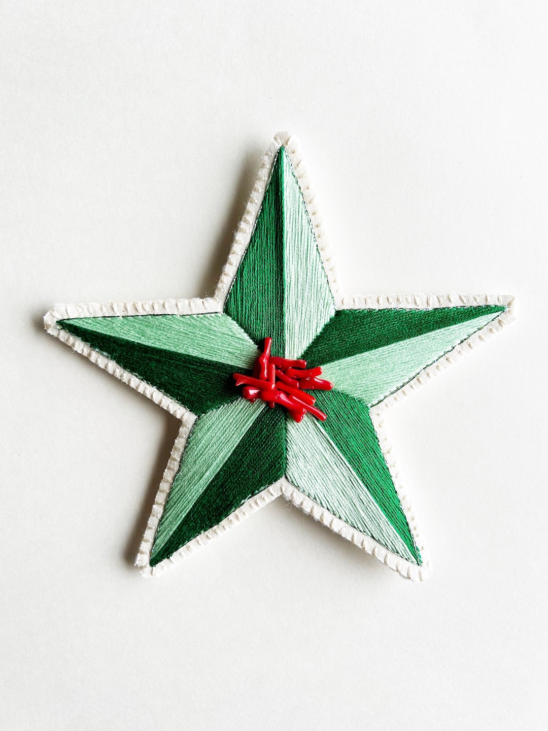 Hand Embroidered Christmas Tree Star Topper: Green Metallic Threads ...
