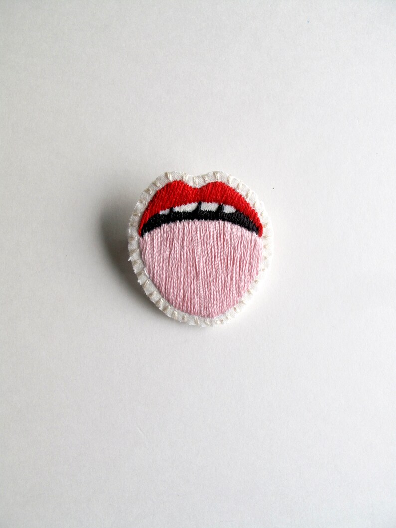 Embroidered Lips Brooch With Tongue in Red and Pink on Cream - Etsy