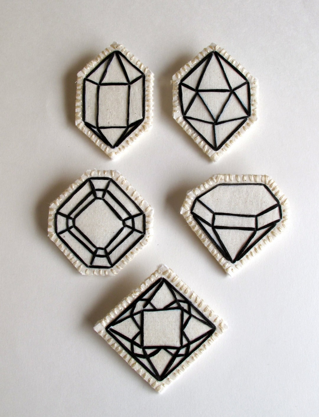 Geometric Brooch Hand Embroidered Faux Gem Outlined in Black Choose One ...