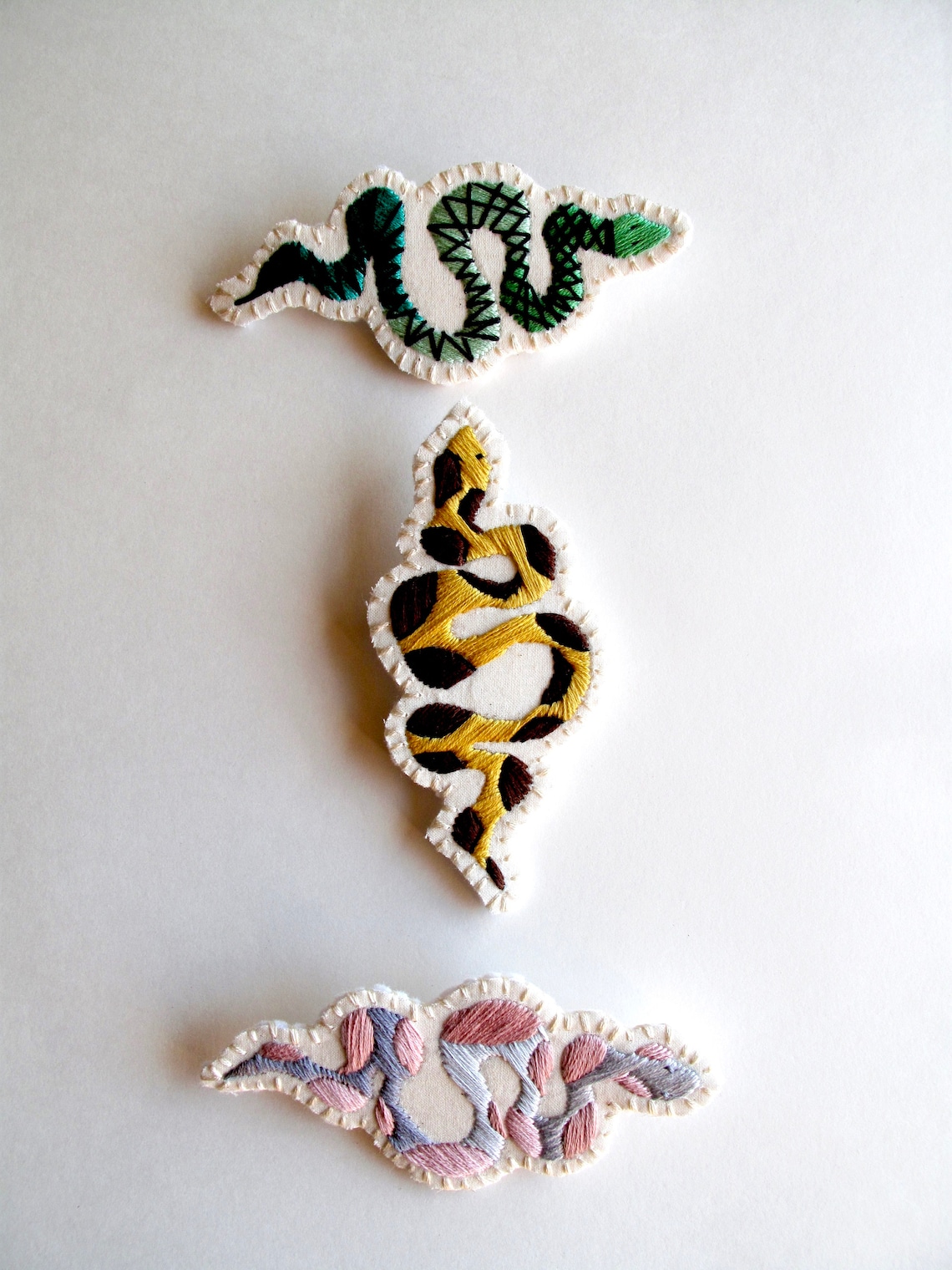 Hand Embroidered Snake Brooch in Various Gray and Pink Colors - Etsy